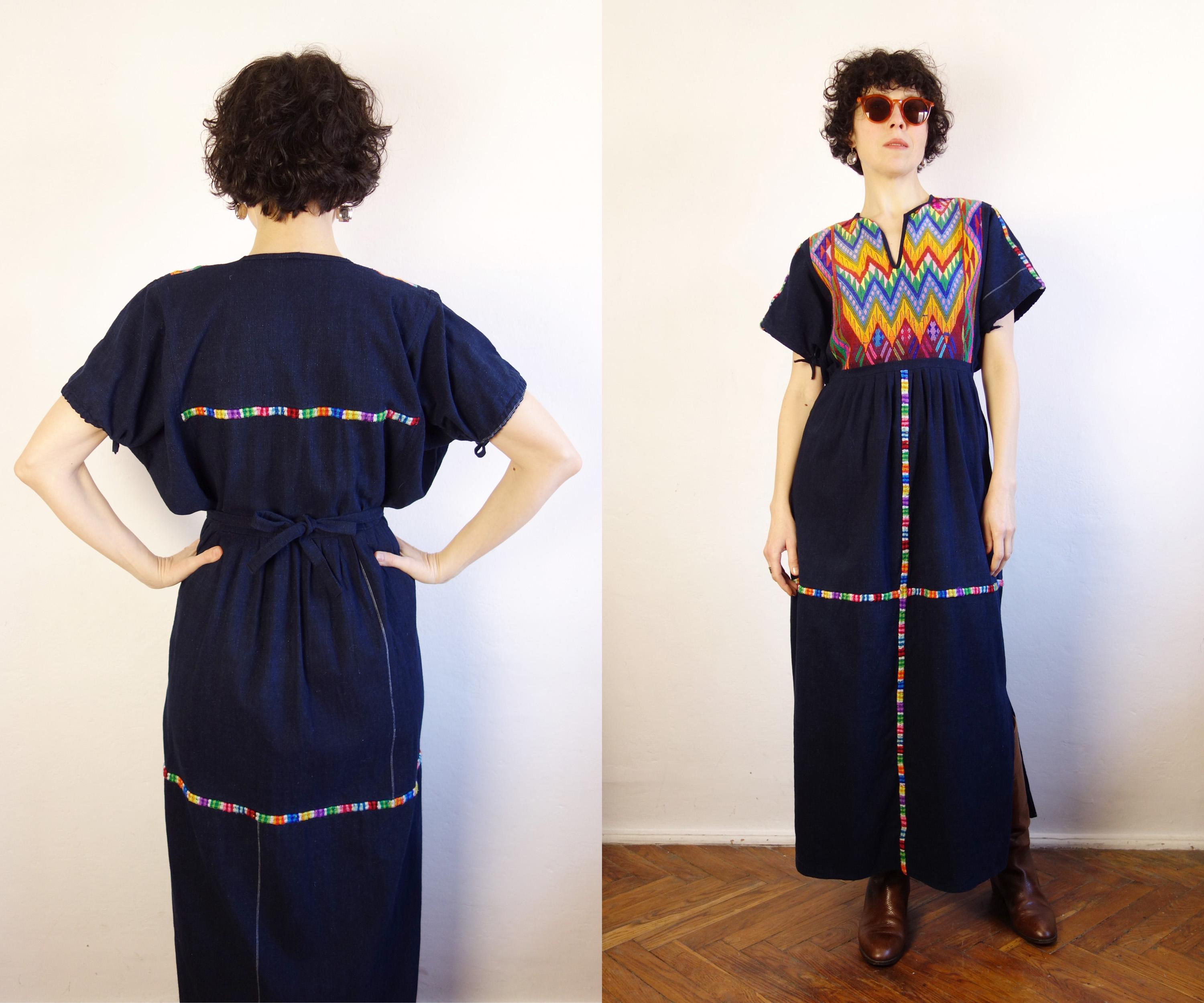 Vintage 70s Guatemalan Indigo Embroidered Dress/cotton Denim Caftan ...