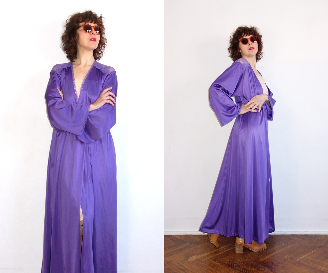 Vintage Purple Satin Peignoir/maxi Robe/lace Peignoir/flared Long ...