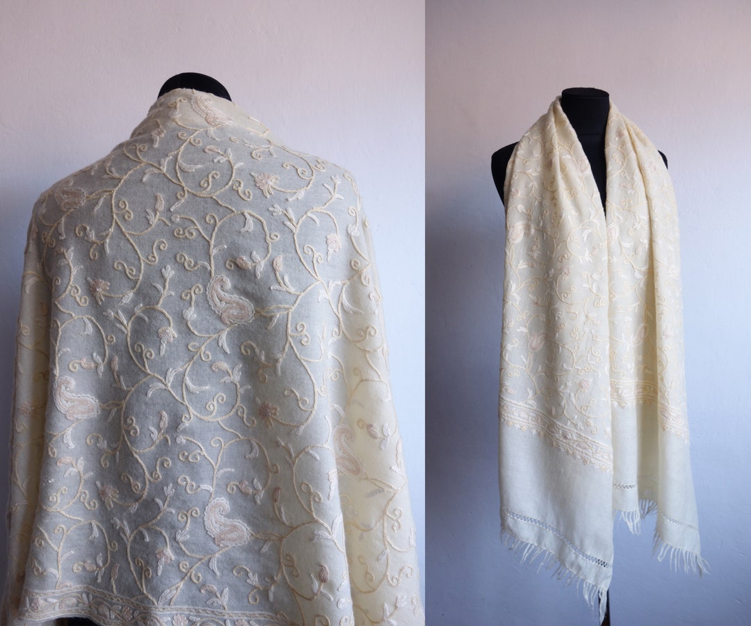 Vintage Pashmina Cream Shawl/embroidered Wool Shawl/cashmere Pashmina ...