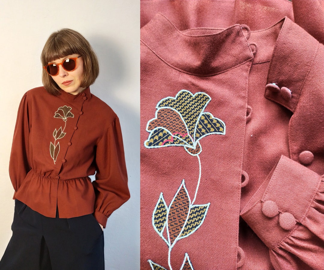 Rare 80's Does 20's Wool Cossack Shirt/brown Terracotta Blouse/applique ...