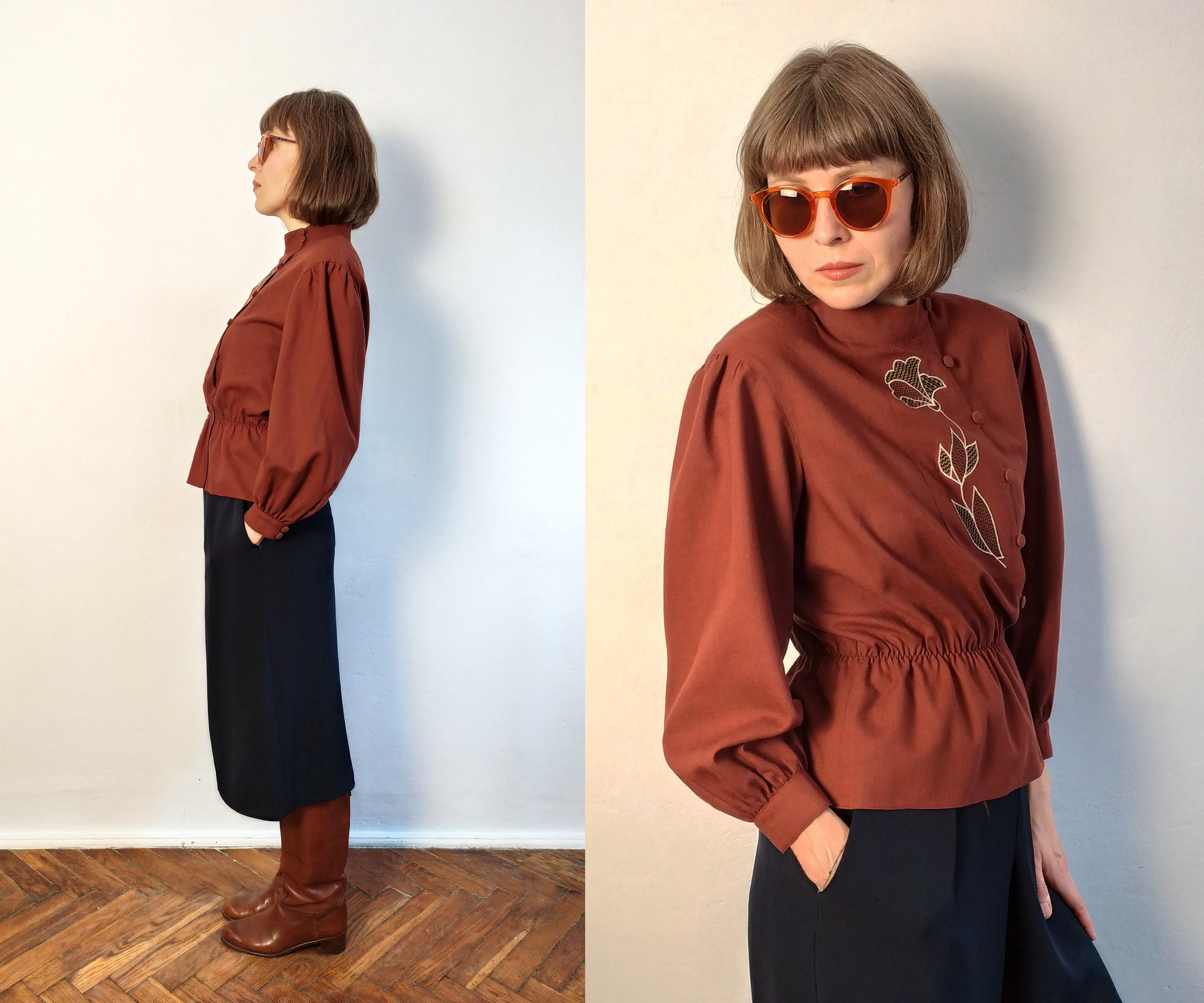 Rare 80's Does 20's Wool Cossack Shirt/brown Terracotta Blouse/applique ...