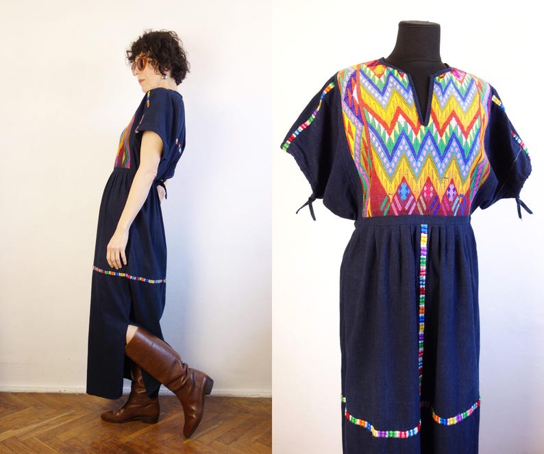 Vintage 70s Guatemalan Indigo Embroidered Dress/cotton Denim Caftan ...