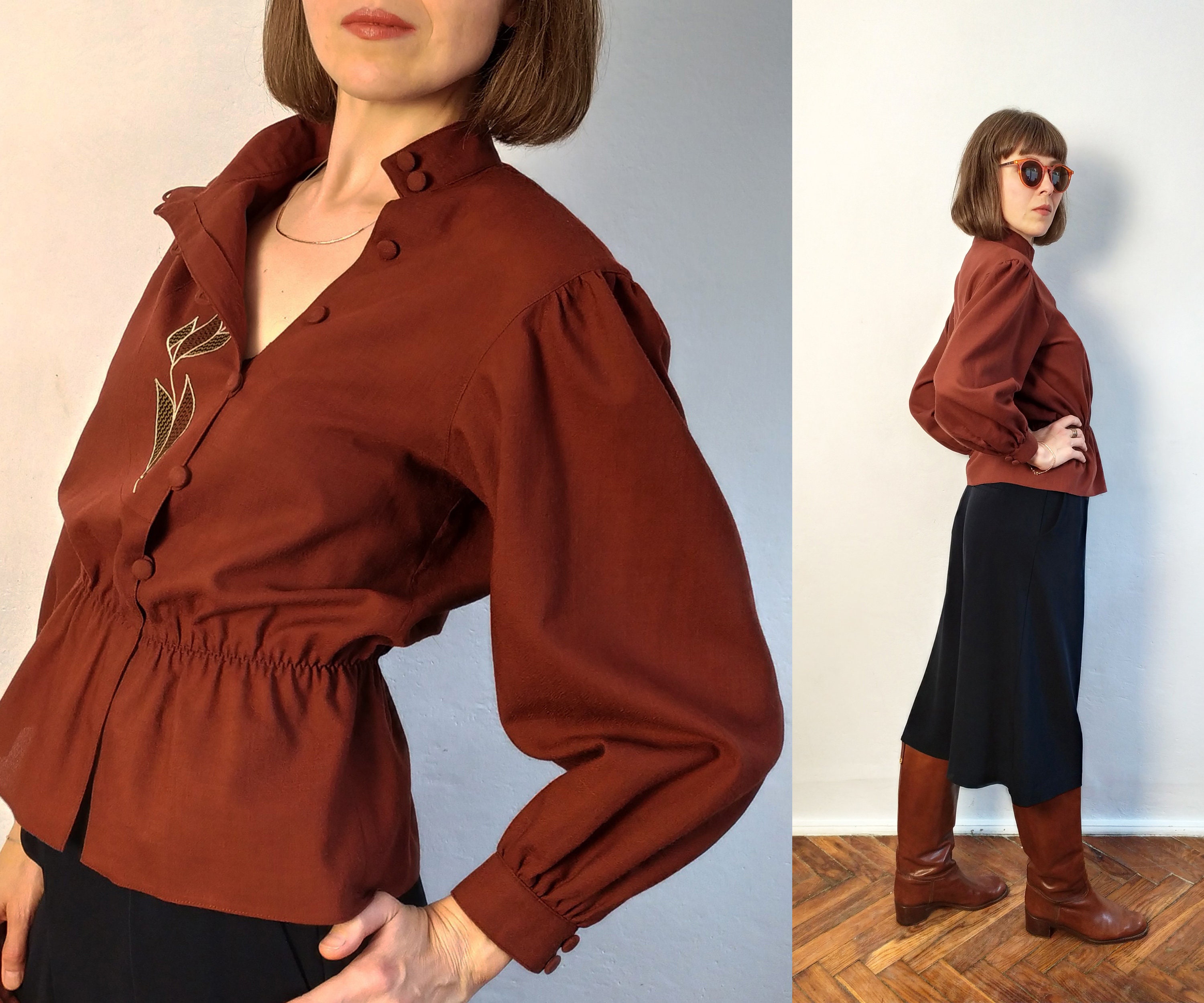 Rare 80's Does 20's Wool Cossack Shirt/brown Terracotta Blouse/applique ...