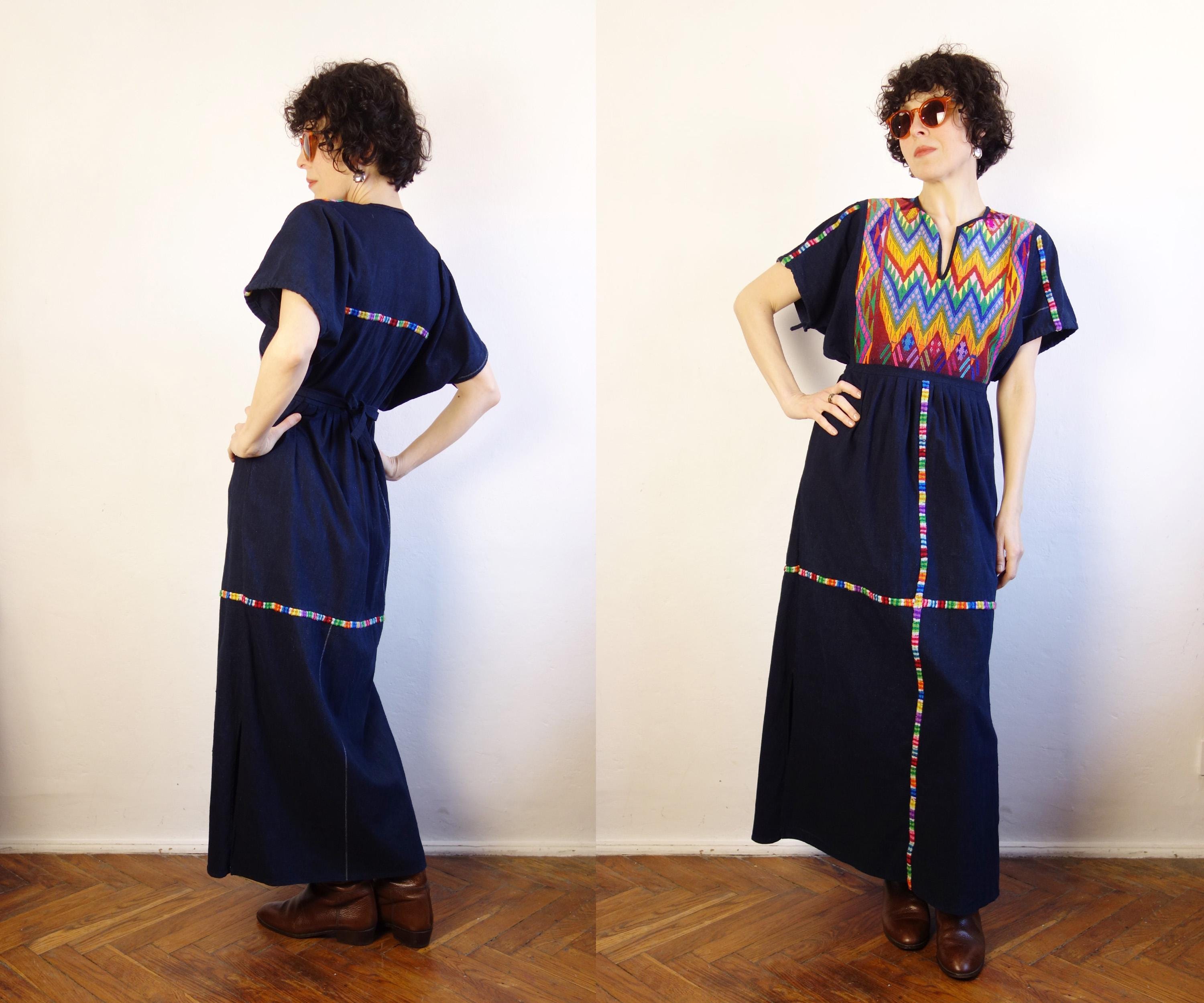 Vintage 70s Guatemalan Indigo Embroidered Dress/cotton Denim Caftan ...