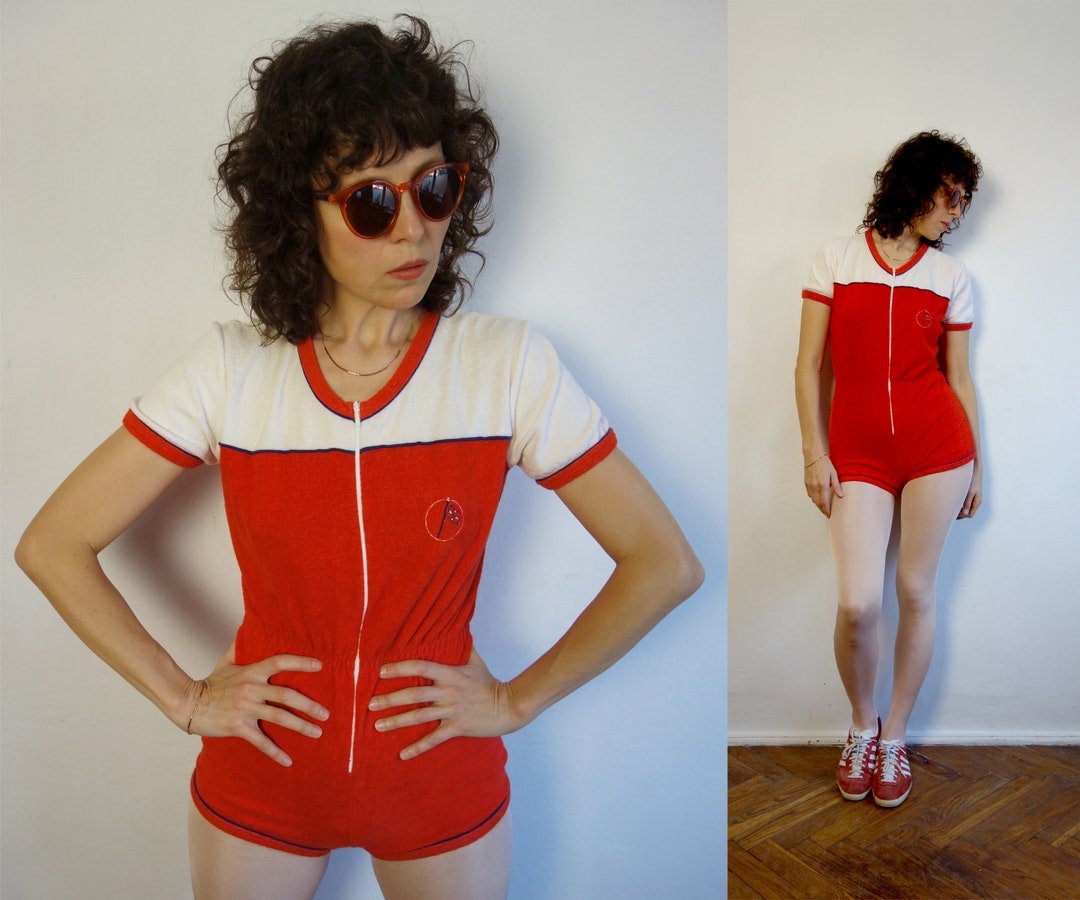 80's Vintage Terry Romper/red Stretch Jumpsuit/sexy Romper/vintage ...