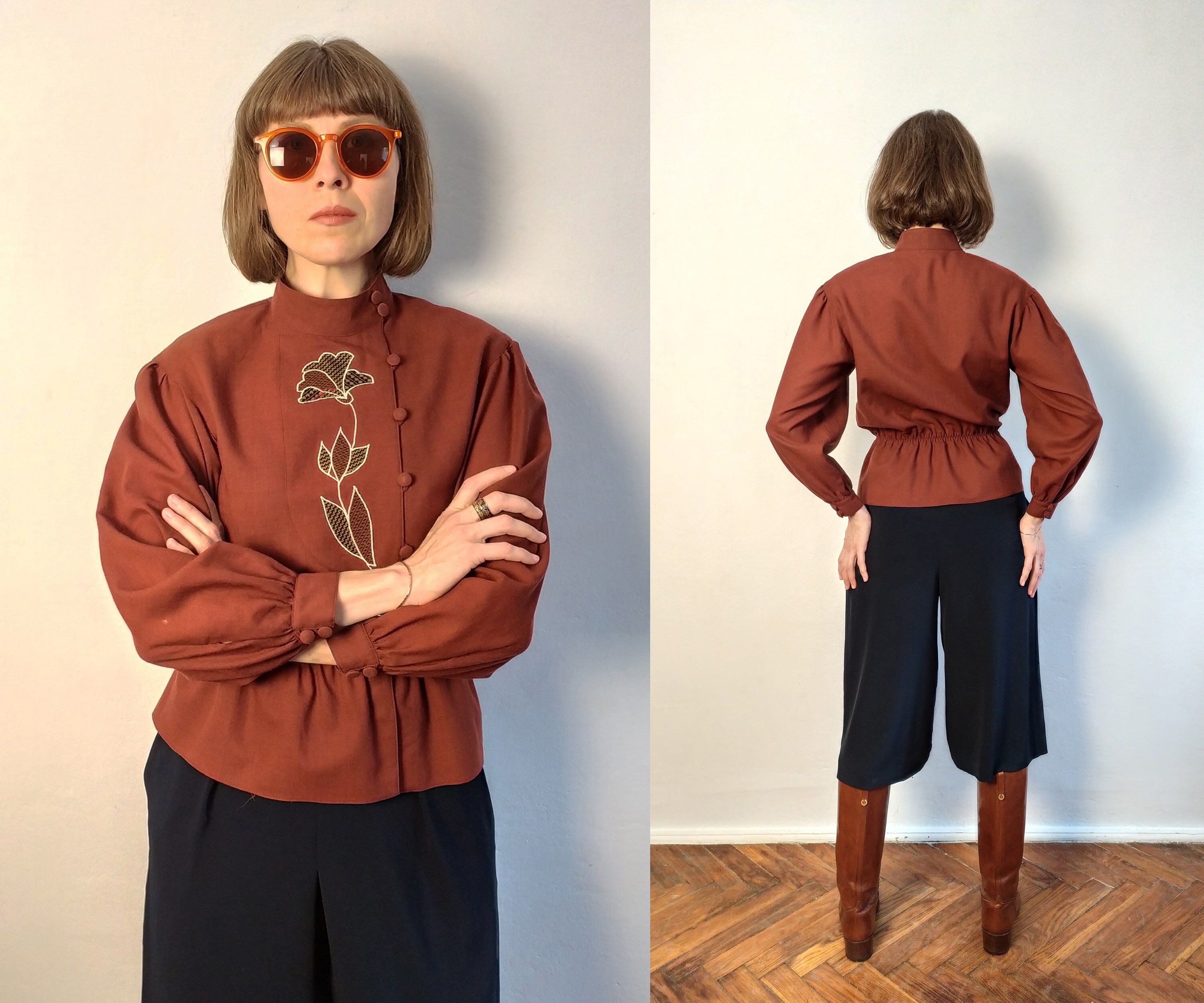 Rare 80's Does 20's Wool Cossack Shirt/brown Terracotta Blouse/applique ...
