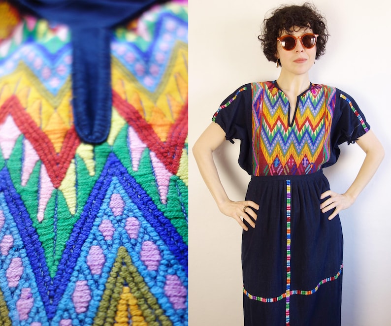 Vintage 70s Guatemalan Indigo Embroidered Dress/cotton Denim Caftan ...