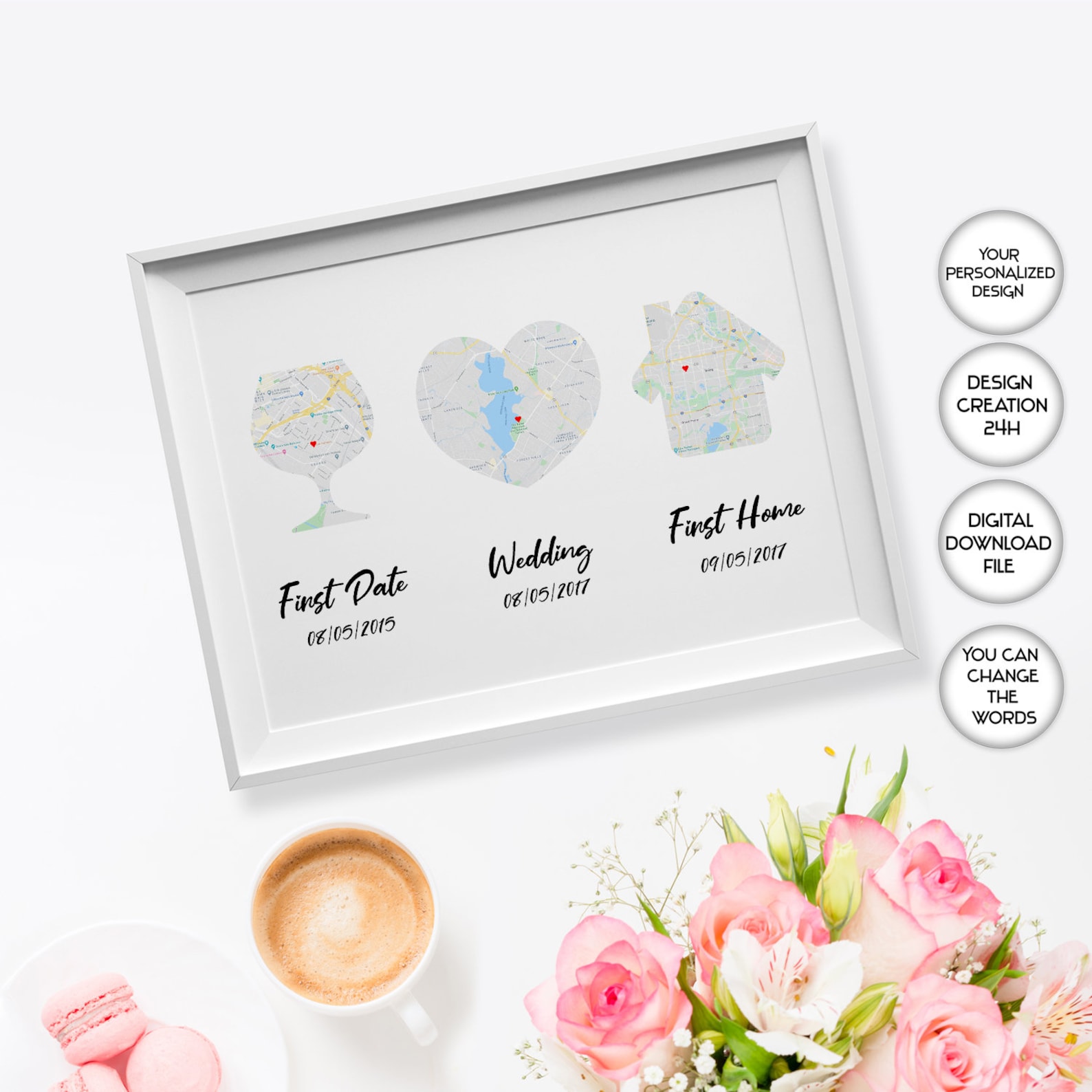 Our First Date Day Home Wedding Maps Heart Printable CUSTOM - Etsy