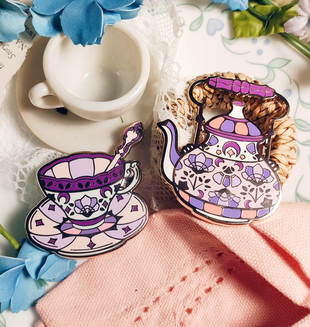 Enchanted Evening Tea Enamel Pin Set | Plum & Green Lotus Kettle and ...