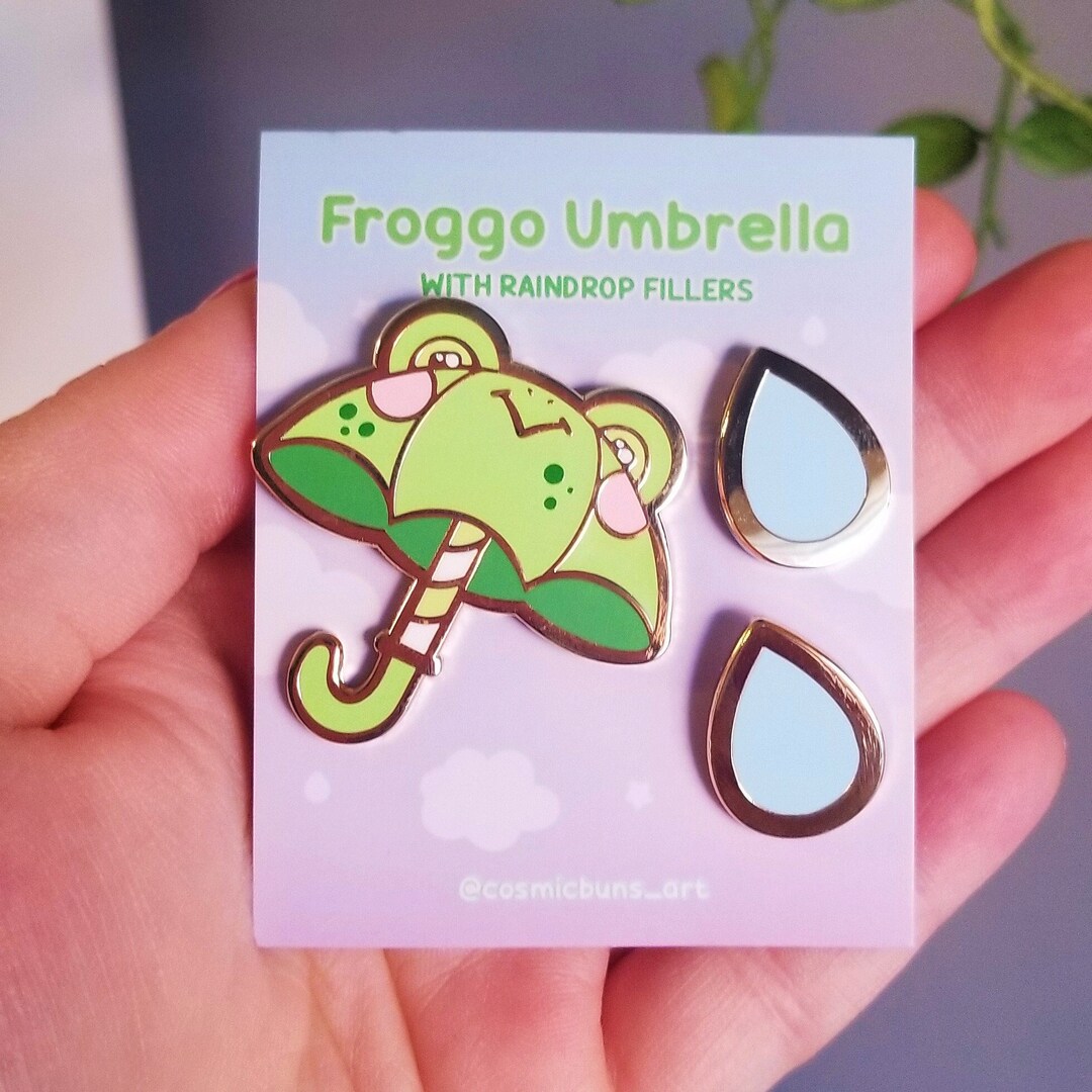 Froggo Umbrella & Raindrops Enamel Pins - Froggy Pin - Froggo Enamel ...