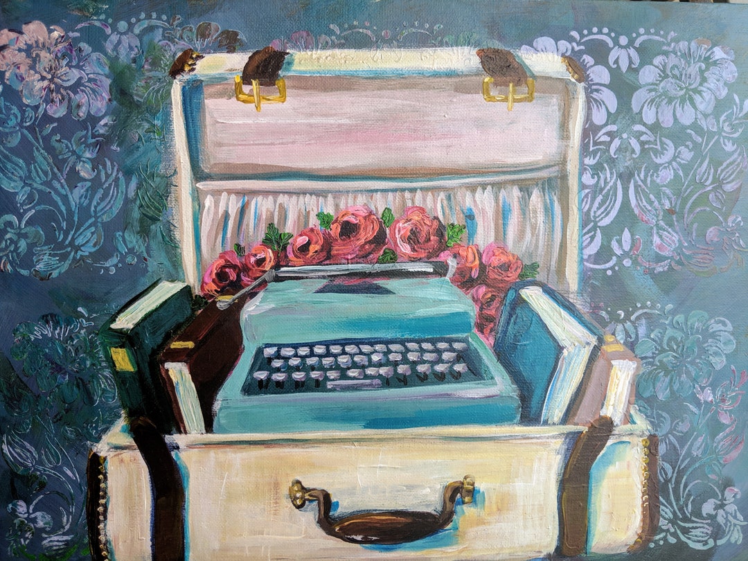 Vintage Suitcase Retro Typewriter Old Books Romantic Rose Psinting ...