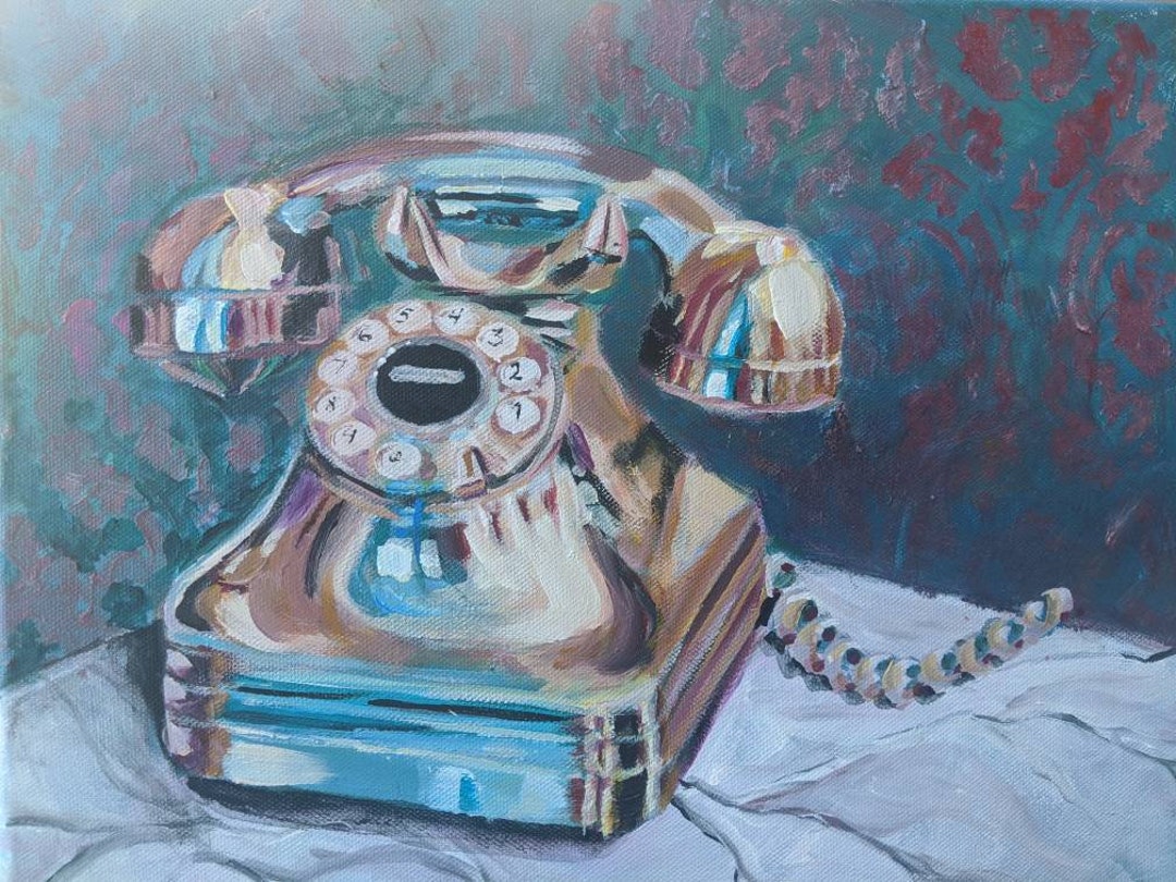 Vintage Platinum Rotary Telephone Retro Phone Original Painting Antique ...