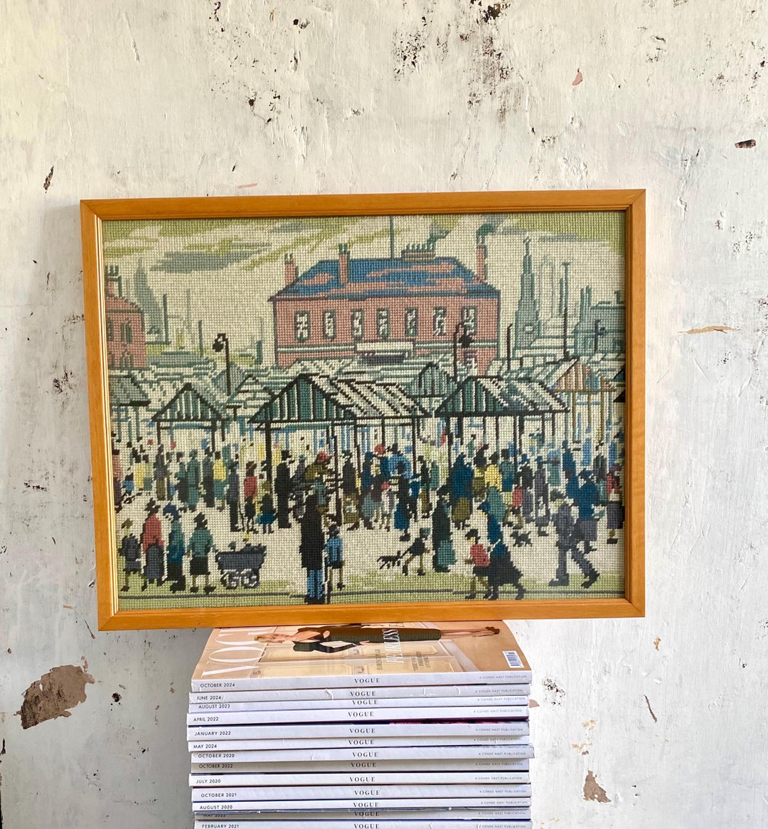 Vintage L.S. Lowry Cross Stitch Framed Market Scene Tapestry Picture ...