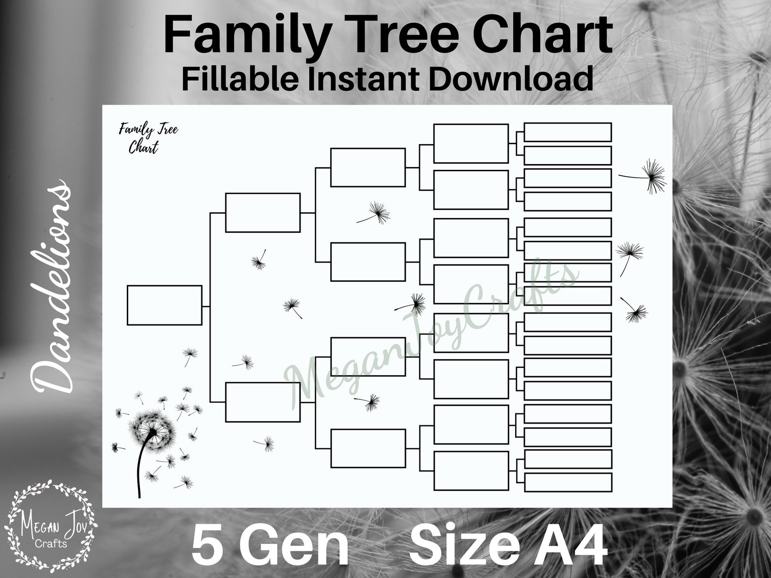 Dandelion Family Tree Chart, Fillable Instant Download, Printable ...