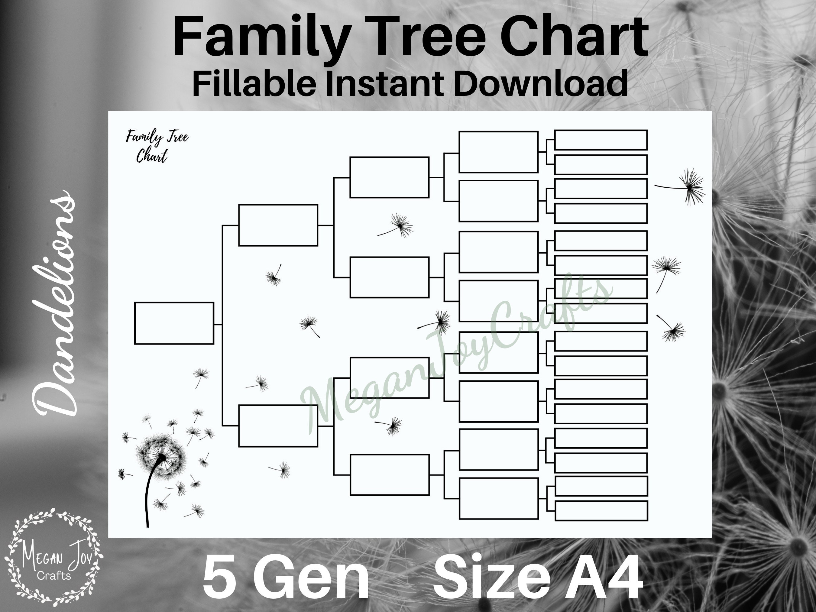 Dandelion Family Tree Chart, Fillable Instant Download, Printable ...
