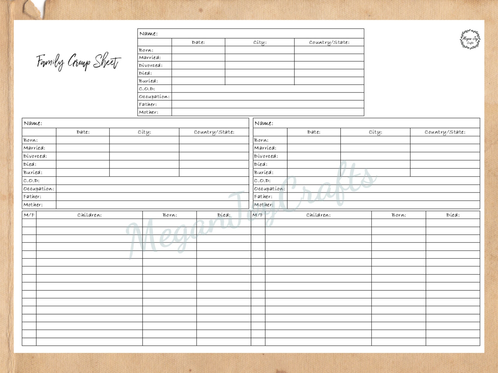 3 Spouses/partners Family Group Sheet, 32 Children, Fillable Instant ...