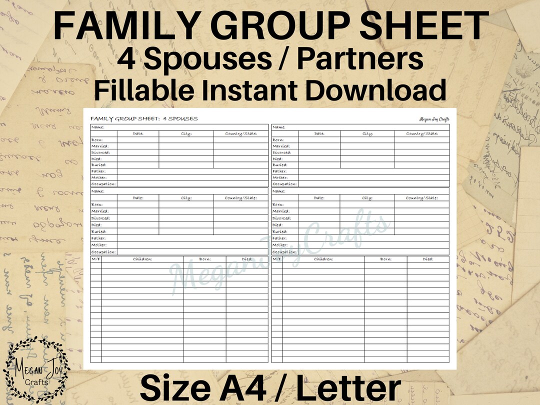 4 Spouses/partners Family Group Sheet, 32 Children, Fillable Instant ...