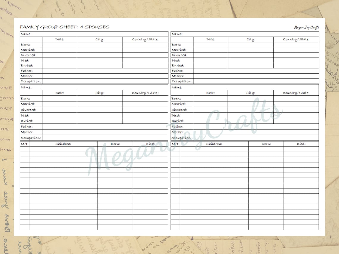 4 Spouses/partners Family Group Sheet, 32 Children, Fillable Instant ...