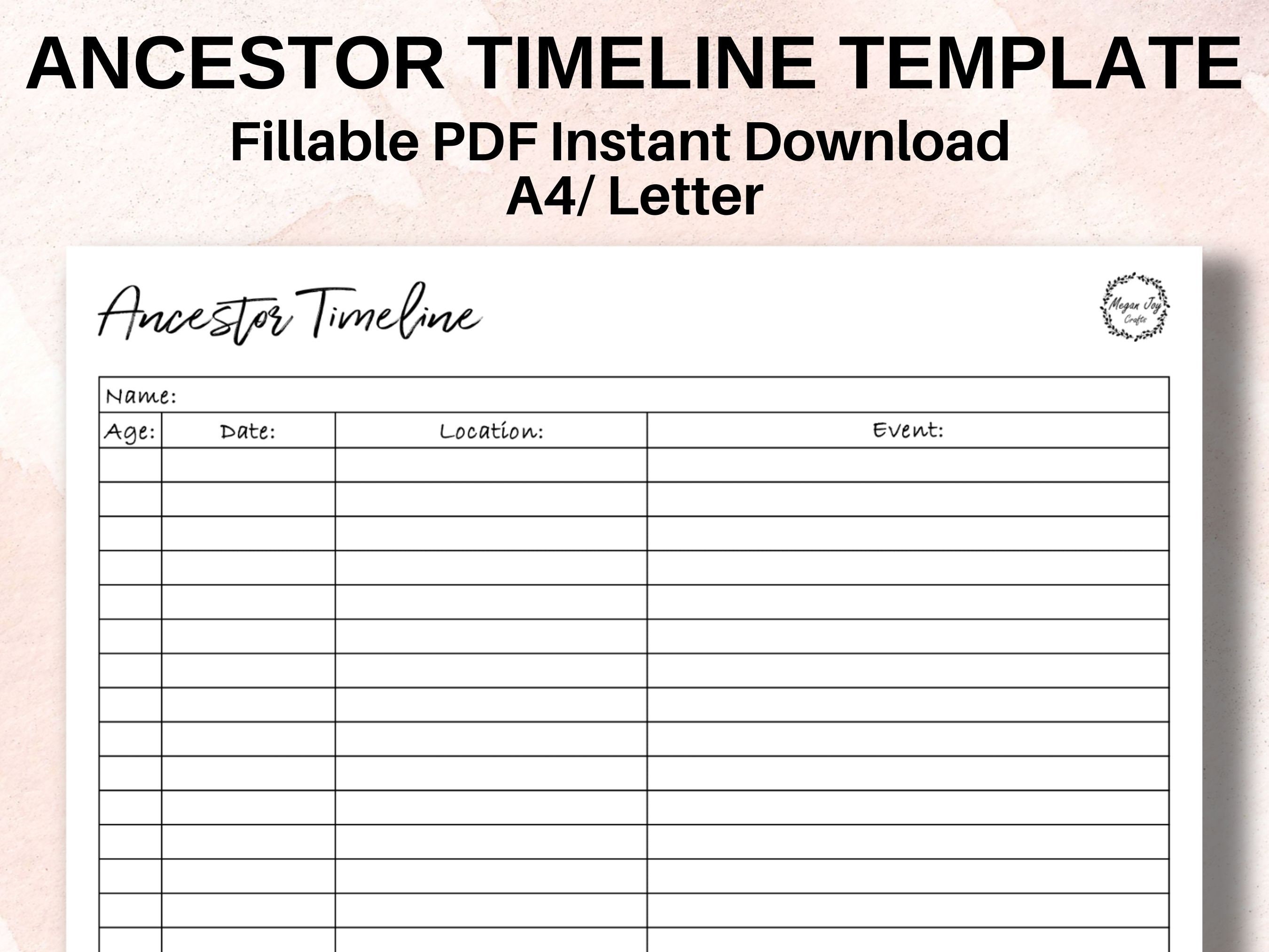 Ancestor Timeline Template, Fillable PDF Instant Download, Genealogy ...