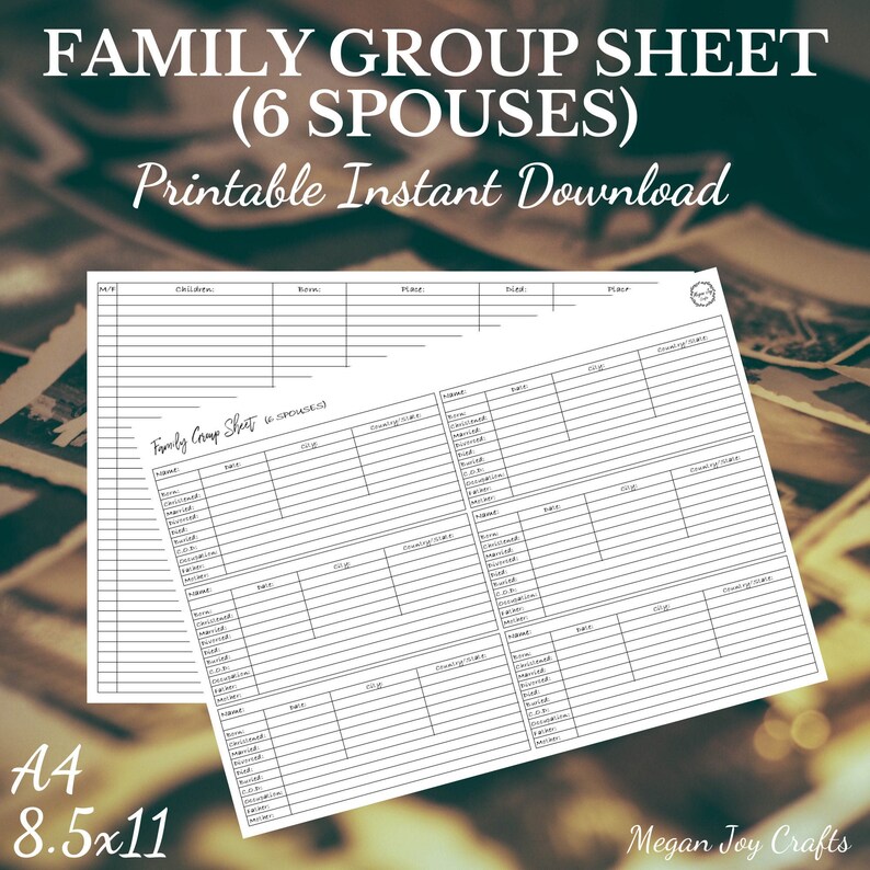 6 Spouses/partners Family Group Sheet, 40 Children, Printable Instant ...