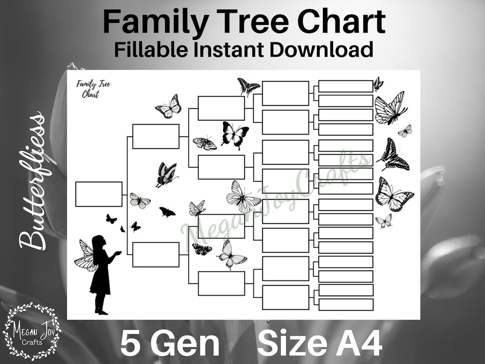 Butterfly Family Tree Chart, Fillable Instant Download, Printable ...