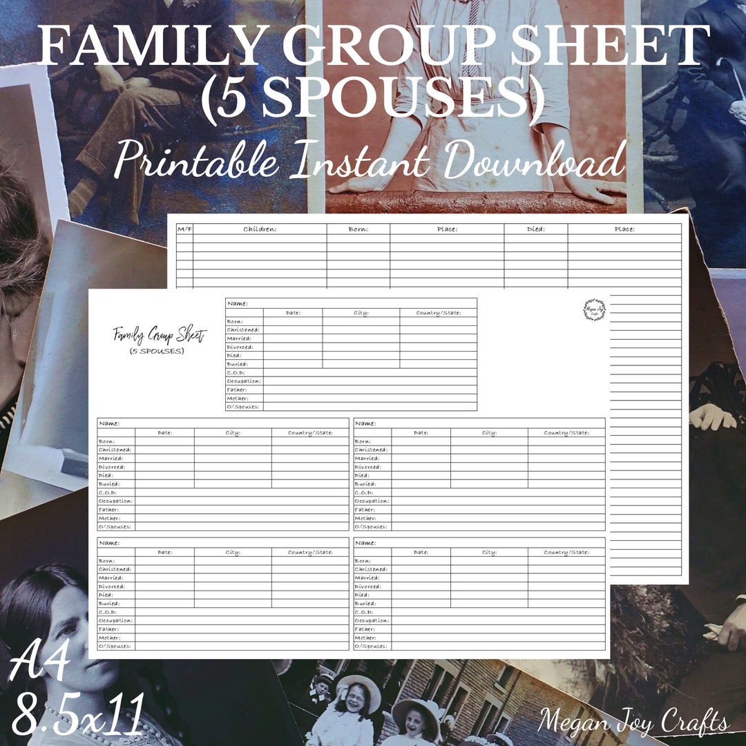 5 Spouses/partners Family Group Sheet, 40 Children, Printable Instant ...