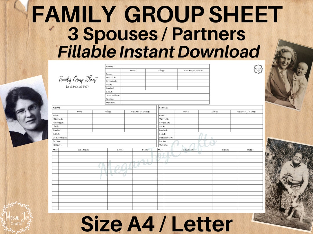3 Spouses/partners Family Group Sheet, 32 Children, Fillable Instant ...