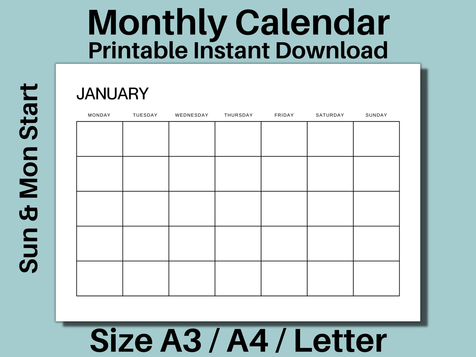 Monthly Calendar Printable Minimalist Unnumbered Blank - Etsy