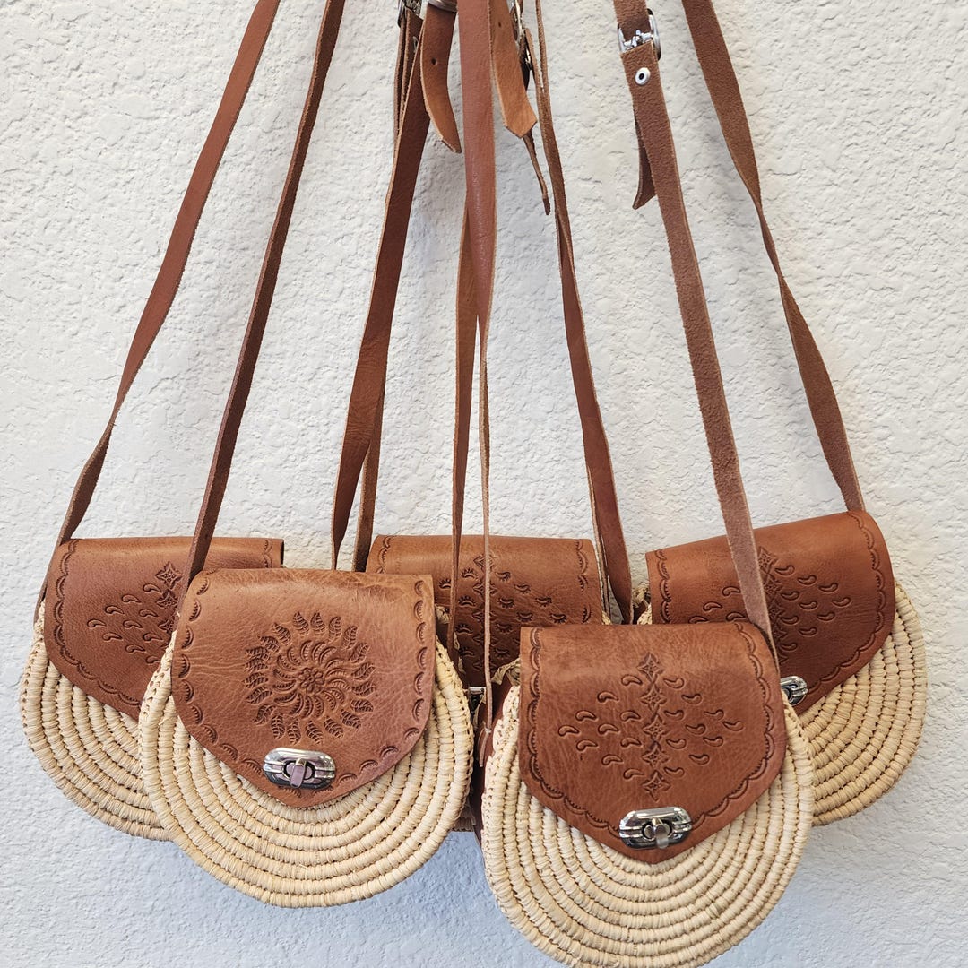 Unique Handmade Moroccan Round Leather Raffia Satchel - Tooled, Beachy ...