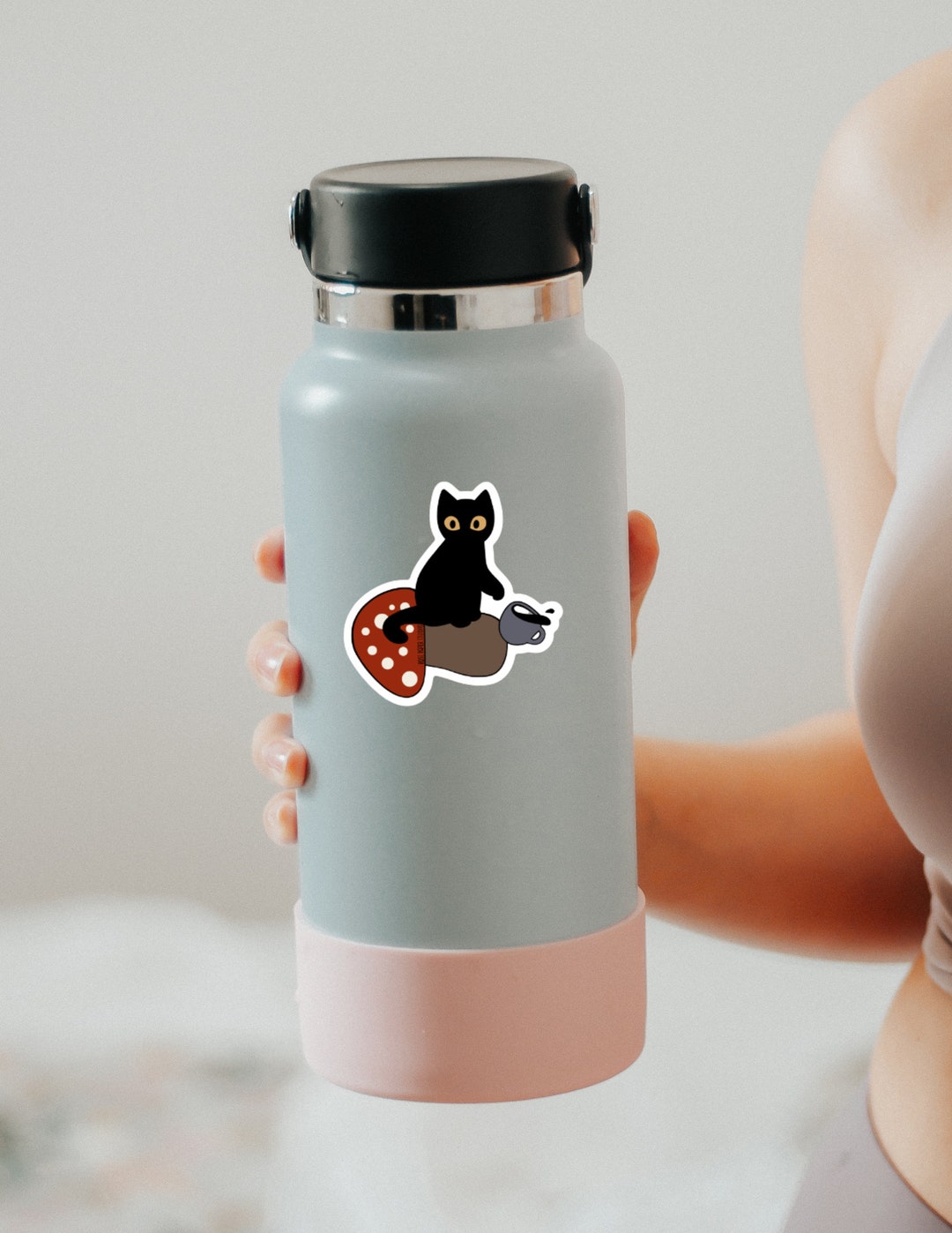 Mushroom Cat Sticker | Black Cat Decal | Water Bottle Sticker | Laptop ...
