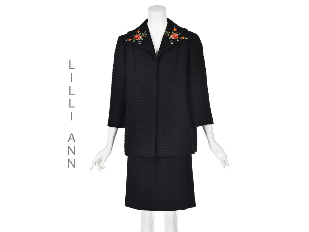 LILLI ANN Vintage Black Knit Skirt Suit - Embroidered Jacket - Pencil ...