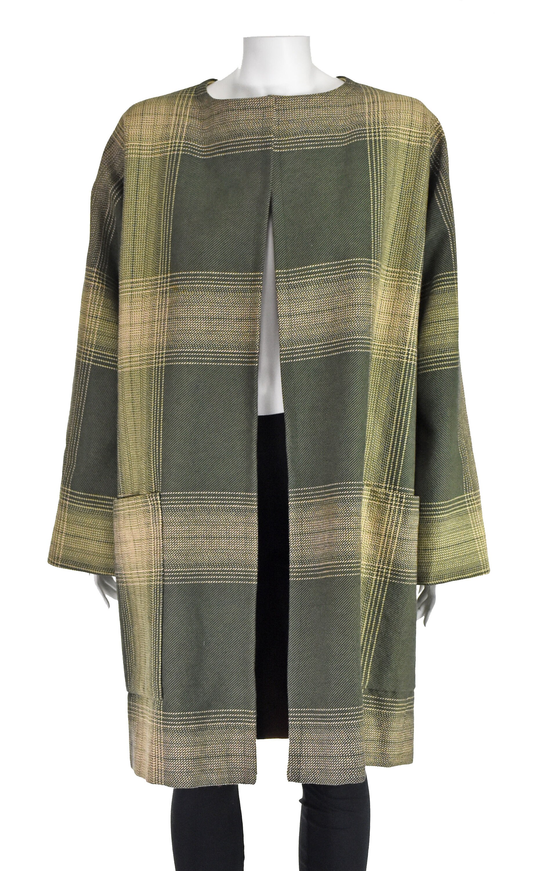 BILL BLASS Vintage Oversized Green and Tan Plaid Cotton Twill Open Coat ...