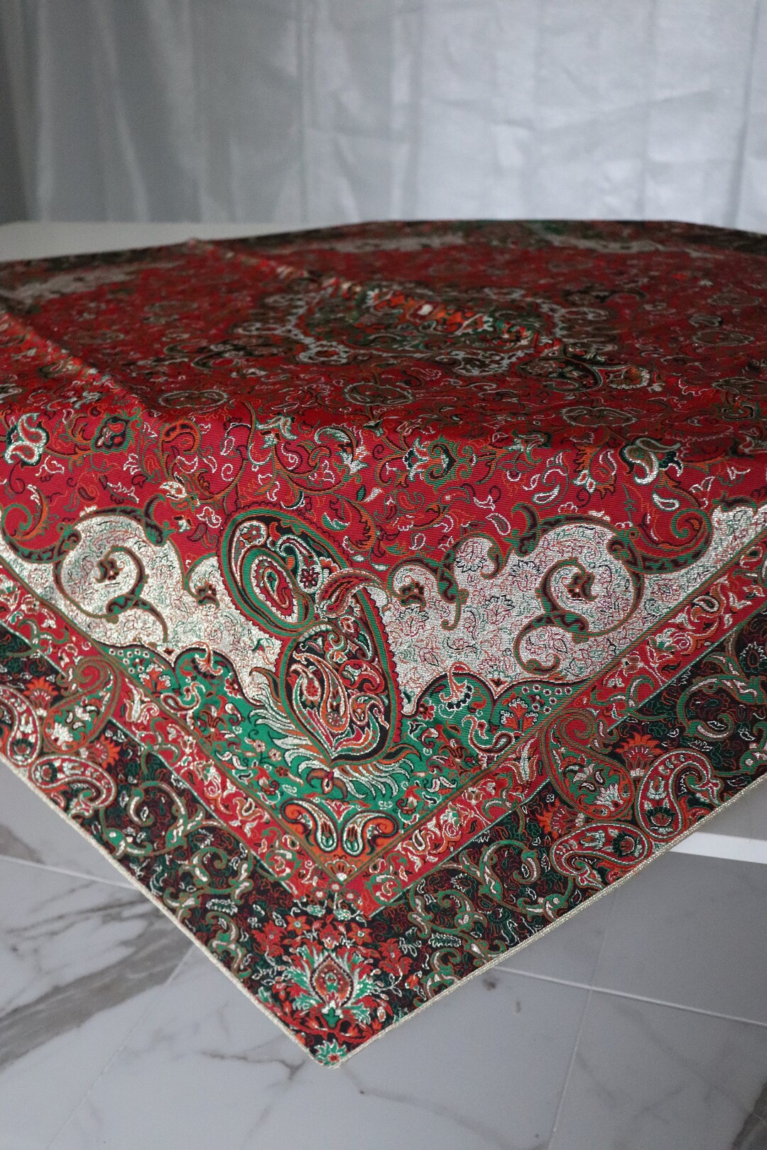 Red, Green and Gold Handmade Tablecloth, Persian Handcrafted Tablecloth ...