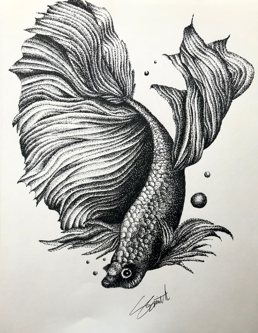 Beta Fish Drawing, Stippling Art Drawing - Etsy