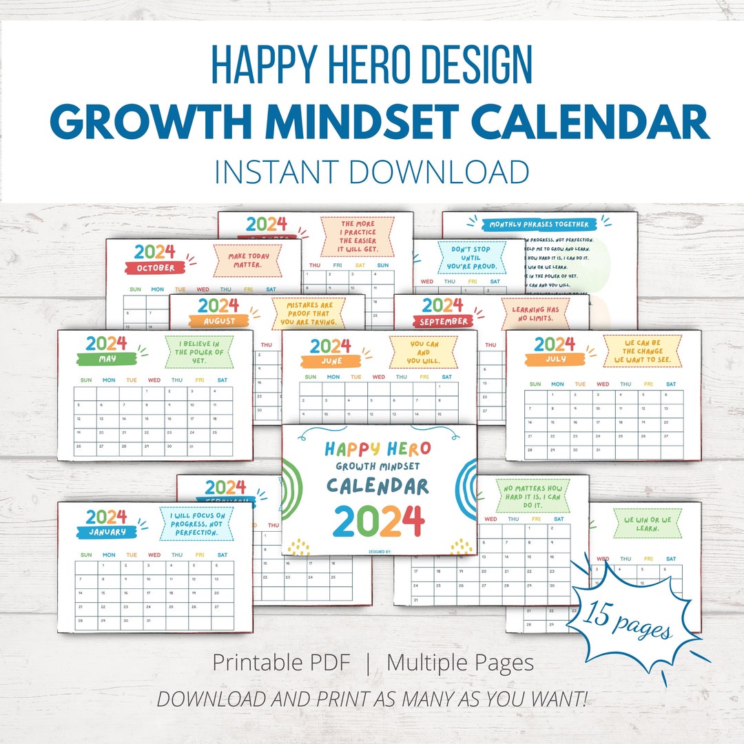 Growth Mindset Calendar Kid Calendar Digital Download Ready to Print ...