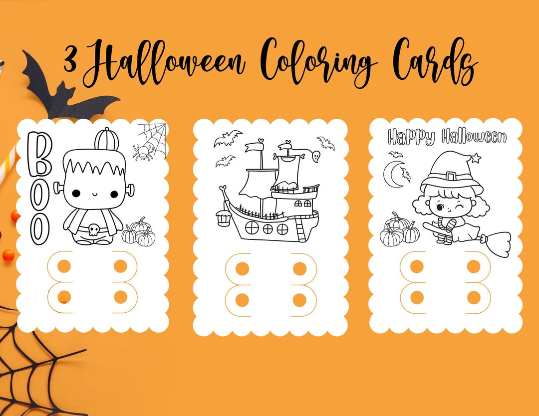 3 Printable Halloween Coloring Cards With Crayon Holder, PNG, Print ...