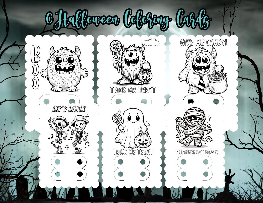 Halloween Coloring Cards With Crayon Holder, Trick or Treat Printable ...