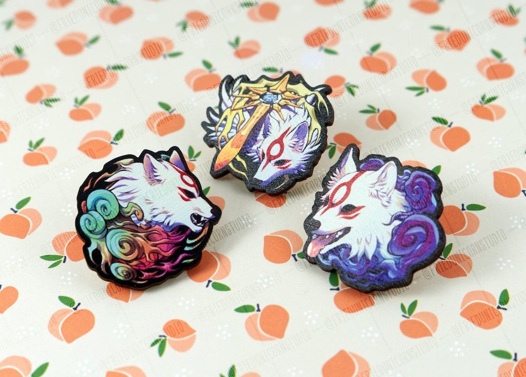 Okami Amaterasu Wooden Pins Featuring the Sun Disc Solar Flare Thunder ...