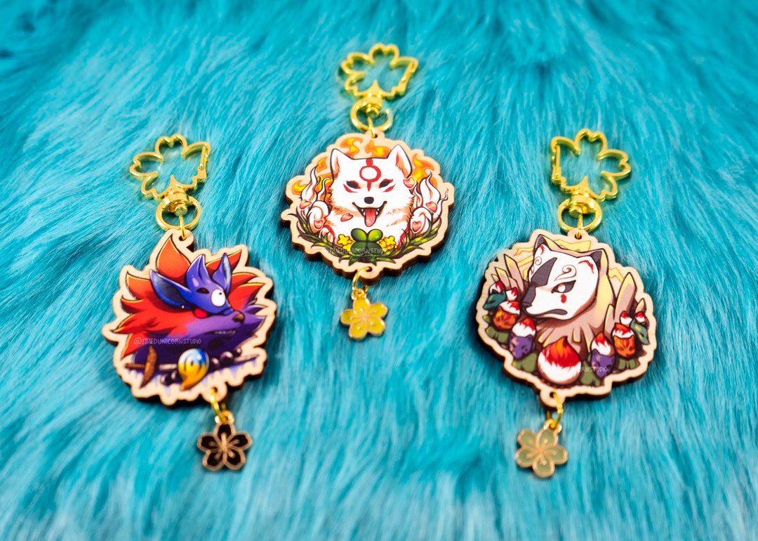 Okami Inspired Animal Wood Keychain Charm - Amaterasu Oki Ninetails - Etsy
