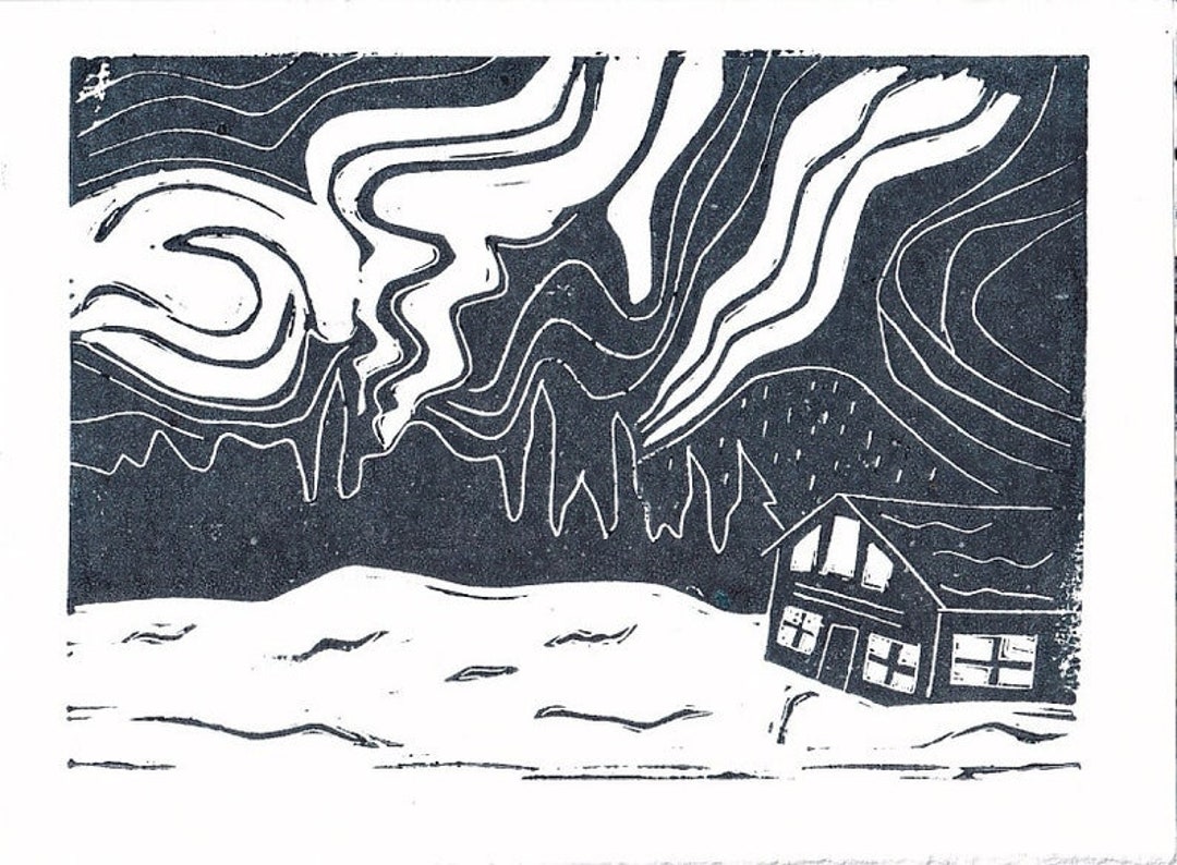 Linocut Art Print Northern Lights Cabin - Etsy