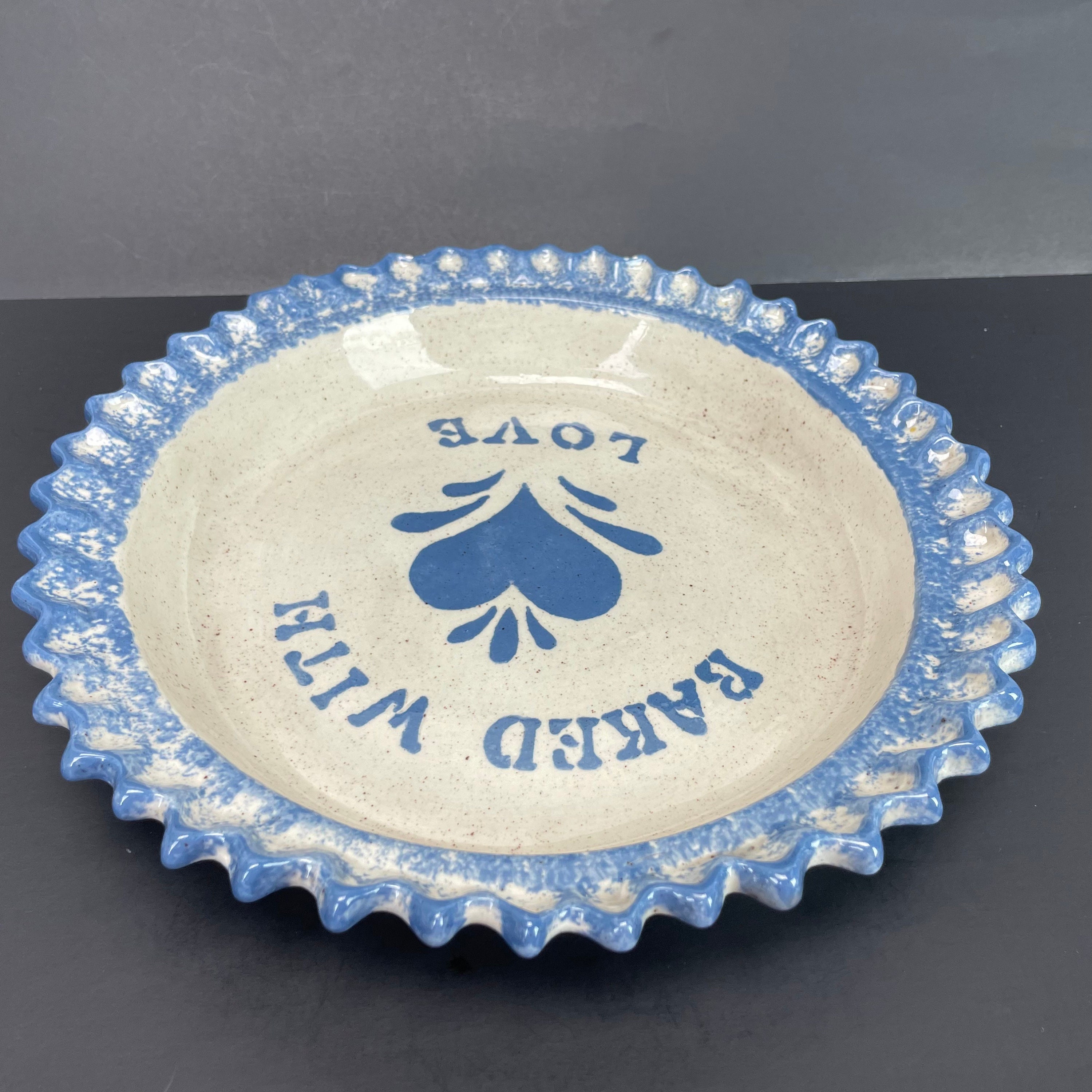 Vintage Pottery Blue Beige Spongeware Pie Dish Plate Tin Baked With ...