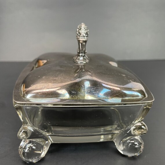 Rogers Bros Glass Trinket Box Silver Plate Lid 1847 V… - Gem