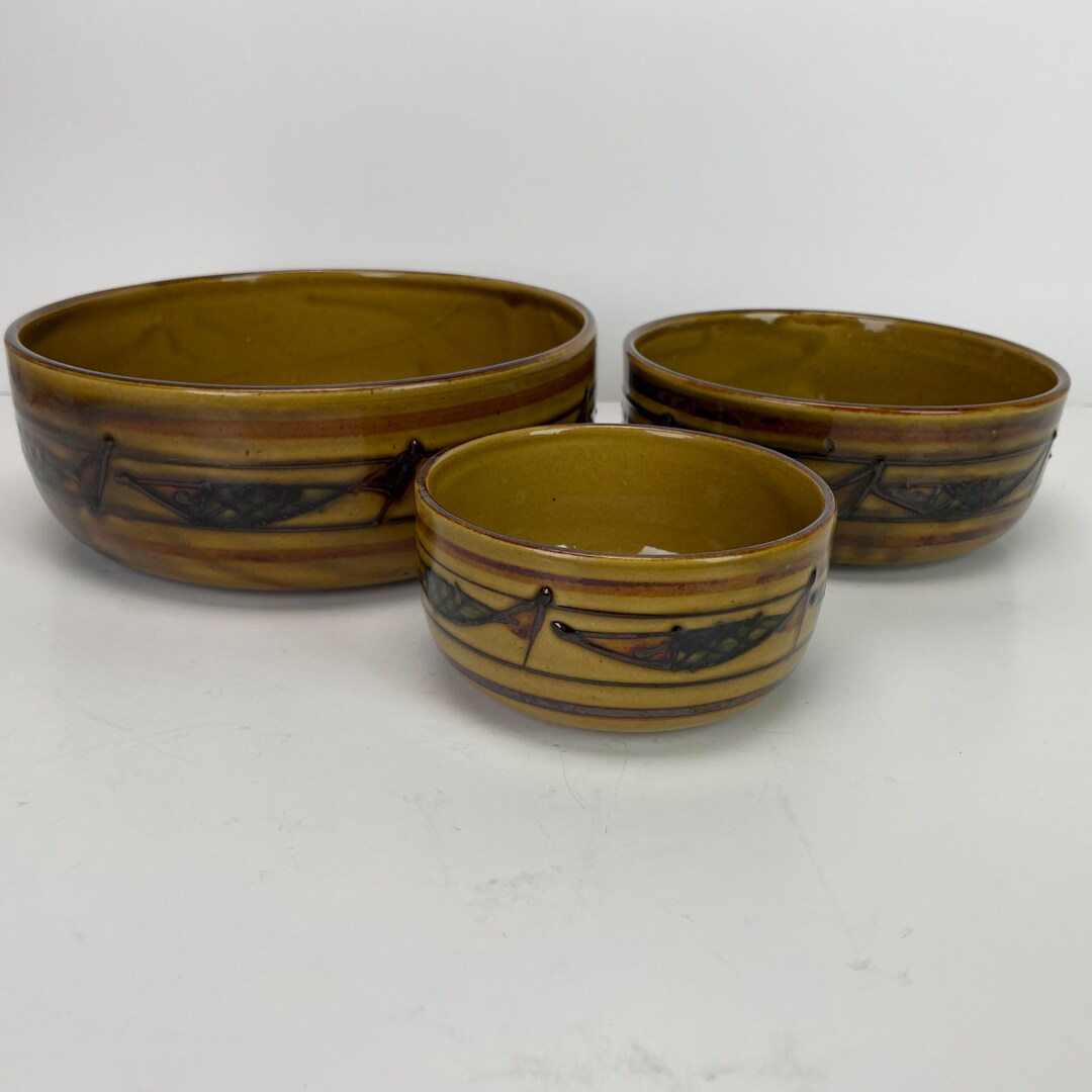 Stoneware Art Pottery 3 Nesting Bowl Set Mid Century Modern Bohemian ...