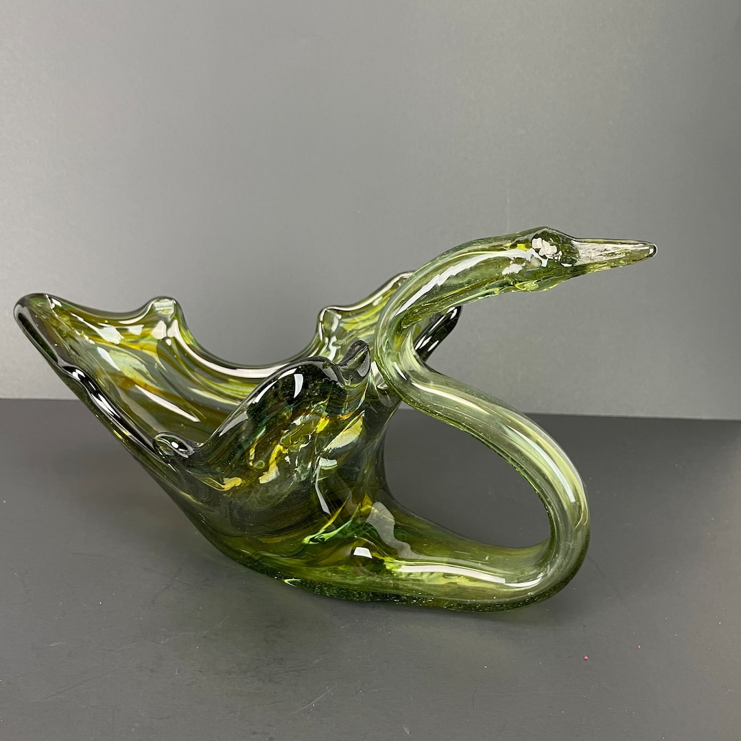 Sooner Glass Swan Green Art Glass Centerpiece Bowl Basket 12" USA ...