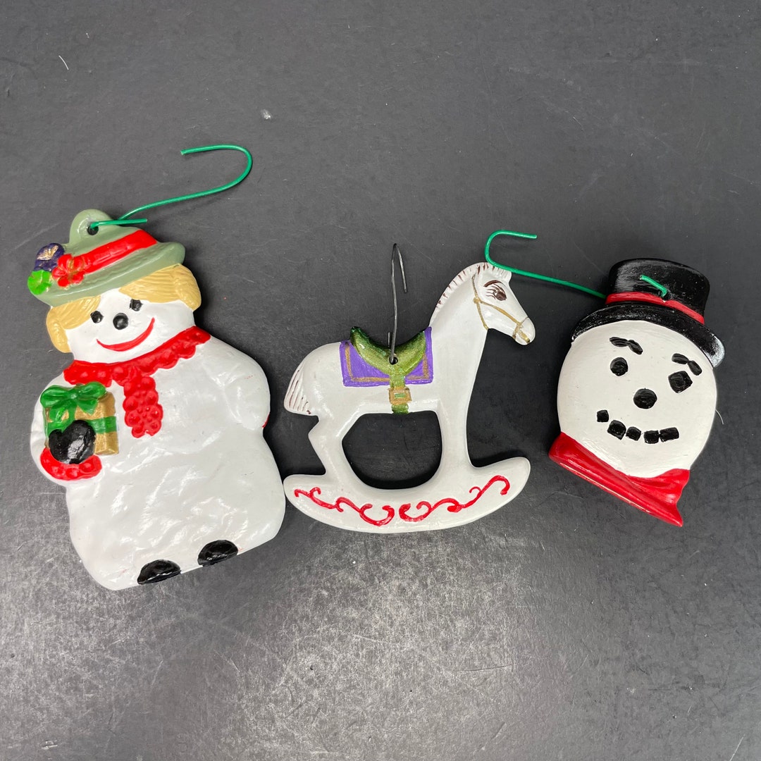 Snowman Rocking Horse Snowman Face 3 Christmas Ornaments Holiday Decor ...