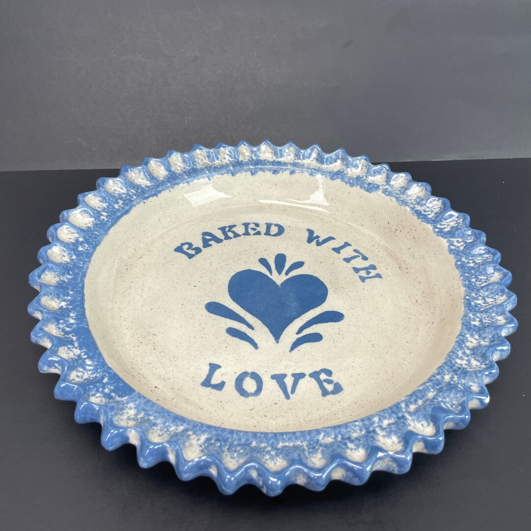 Vintage Pottery Blue Beige Spongeware Pie Dish Plate Tin Baked With ...