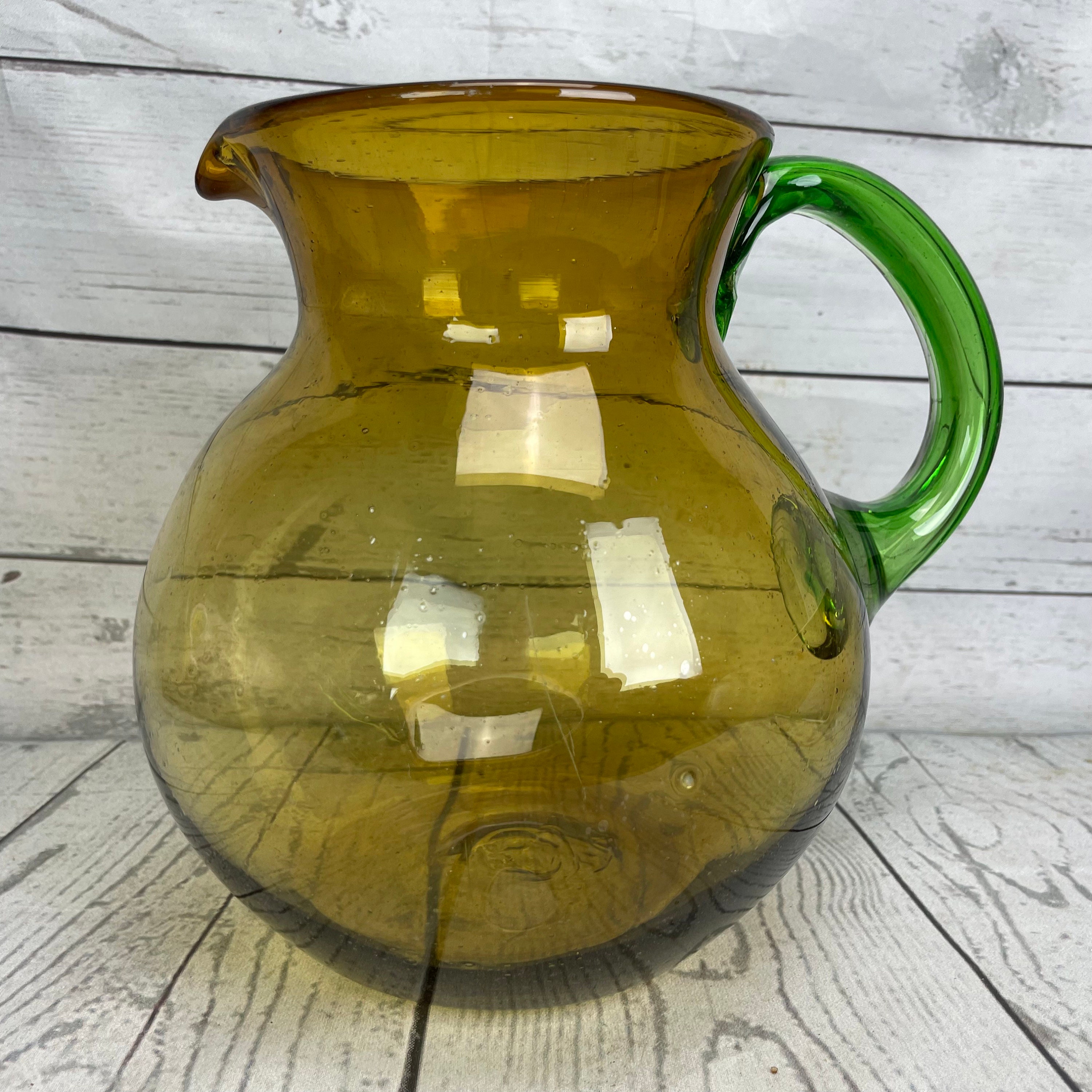 Art Bubble Glass Hand Blown Pitcher Gold Green Attached Handle - Etsy