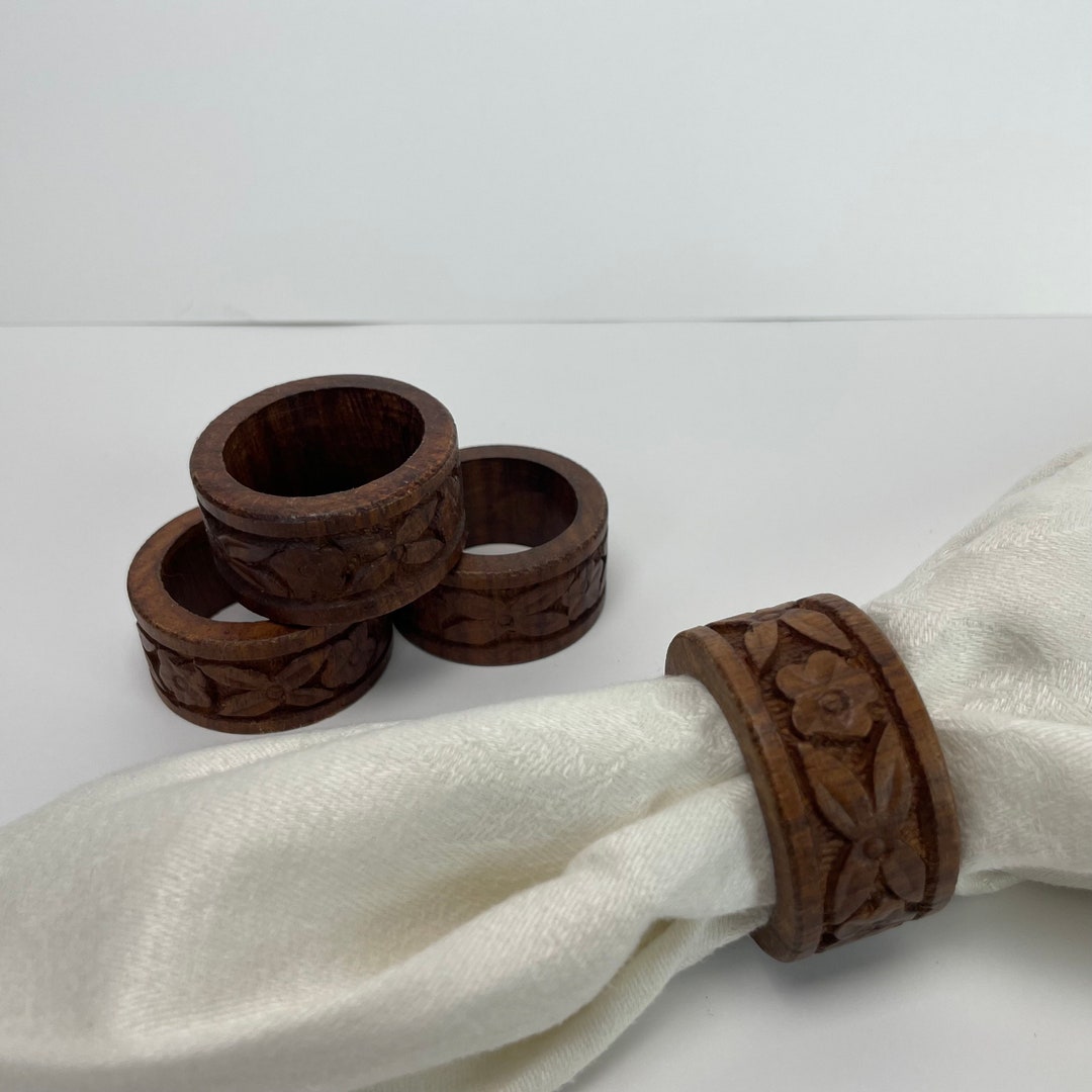 Hand Carved Wood Napkin Rings Set of 4 Bohemian Natural Holders Vintage ...