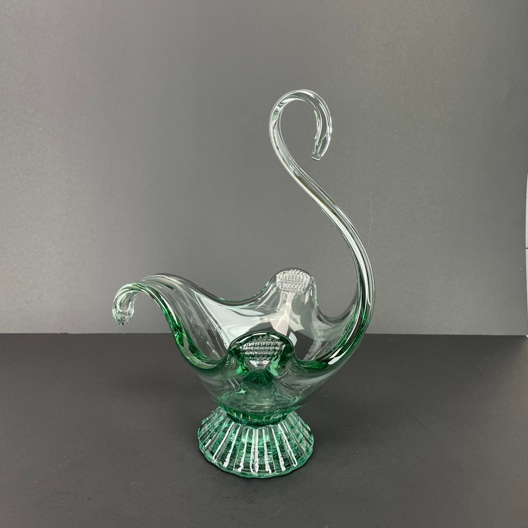 Sooner Glass Swan Clear Green Art Glass Centerpiece Bowl Basket USA ...