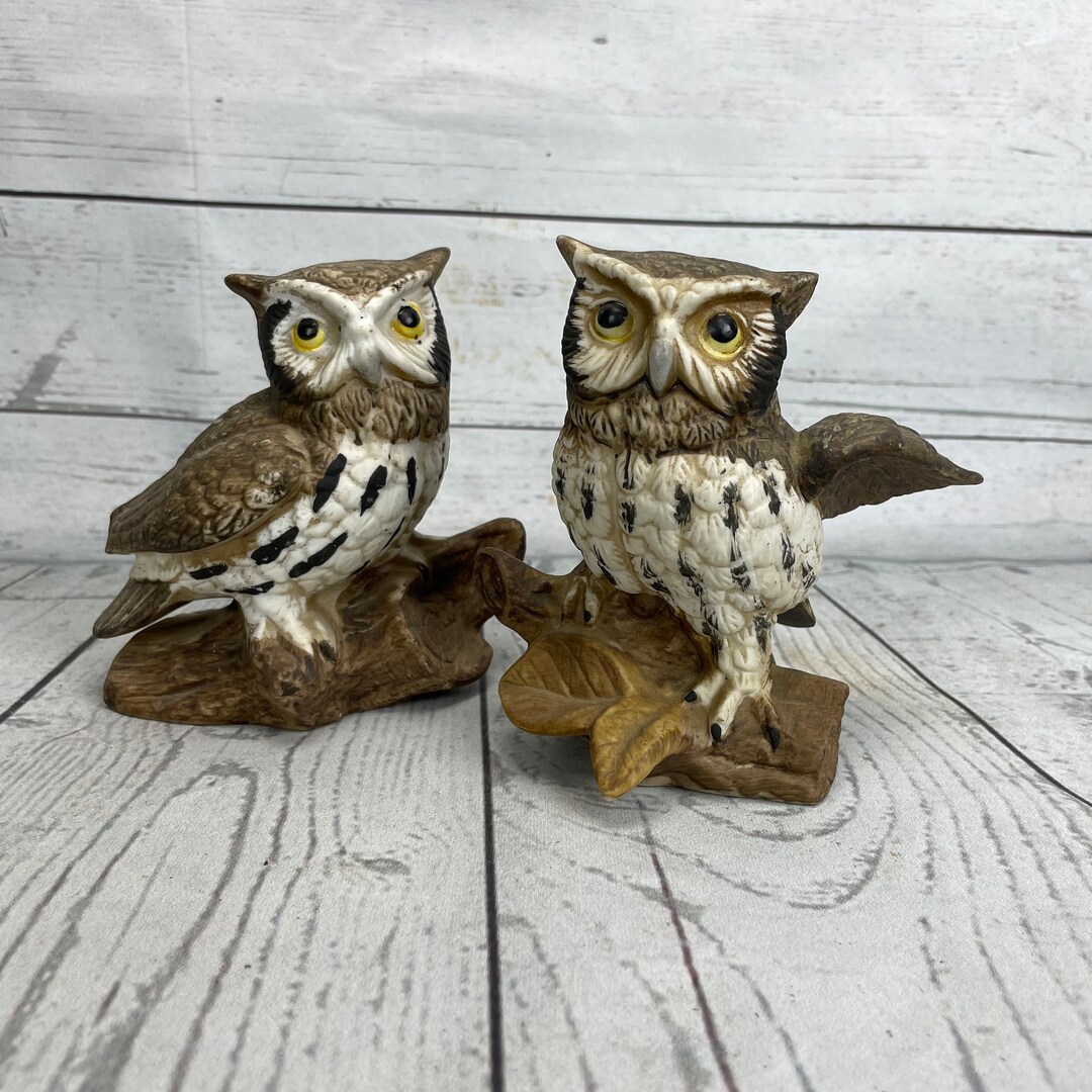 Homco Porcelain Great Horned Owl Figurines Set of 2 Hand Painted ...